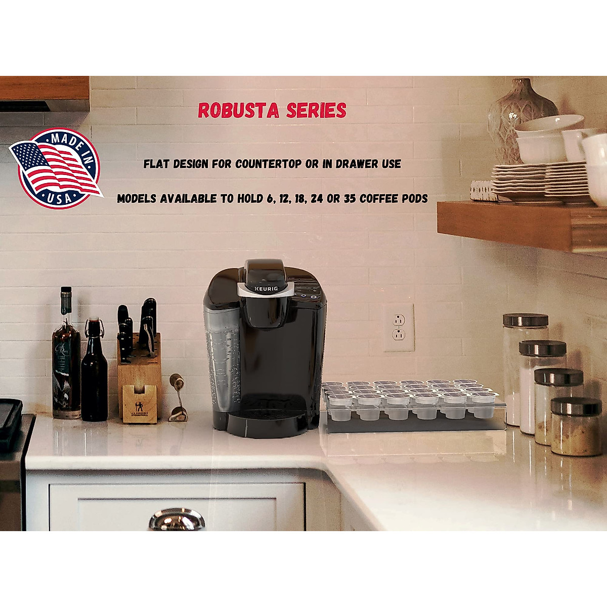 Flat countertop coffee pod holder k cup organizer tray | Coffee pod organizer for 35 coffee pods | Compatible with k-cups | Clear acrylic | Countertop or in drawer storage | Made in the USA