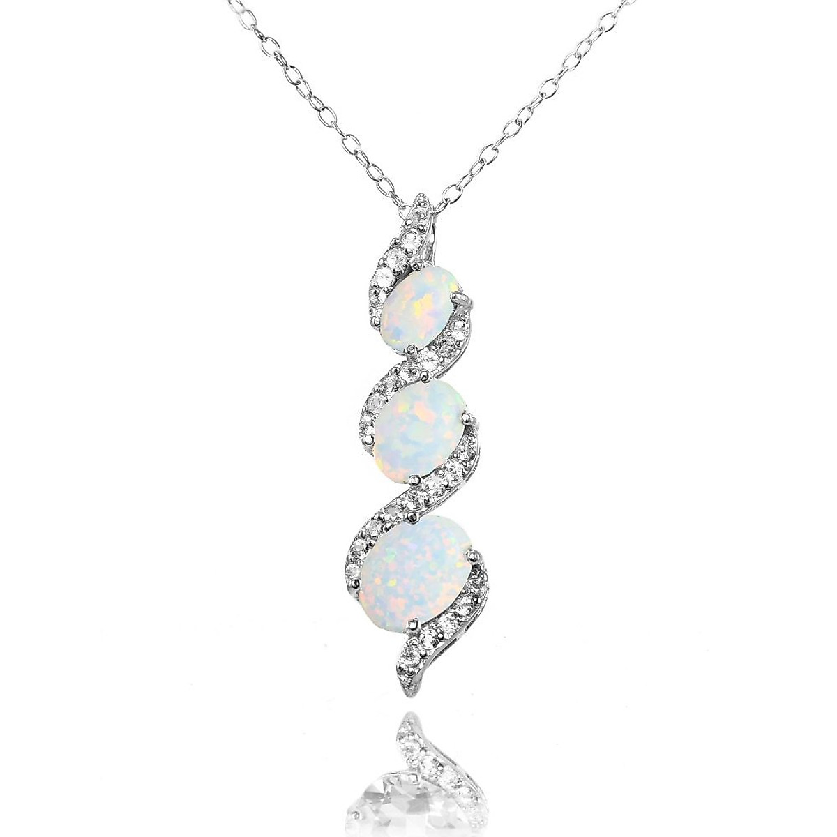 Ice Gems Sterling Silver Simulated White Opal and White Topaz Oval S Design Three-Stone Journey Necklace