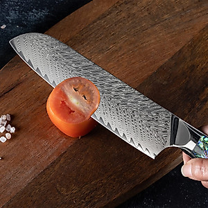 SENKEN Damascus Steel 7" Japanese Santoku Knife with Real Deep-Sea Abalone Shell Handle - Umi Collection - 67-Layer Japanese VG10 Forged Steel Blade, Integrated Full-Tang Molding (7" Santoku Knife)