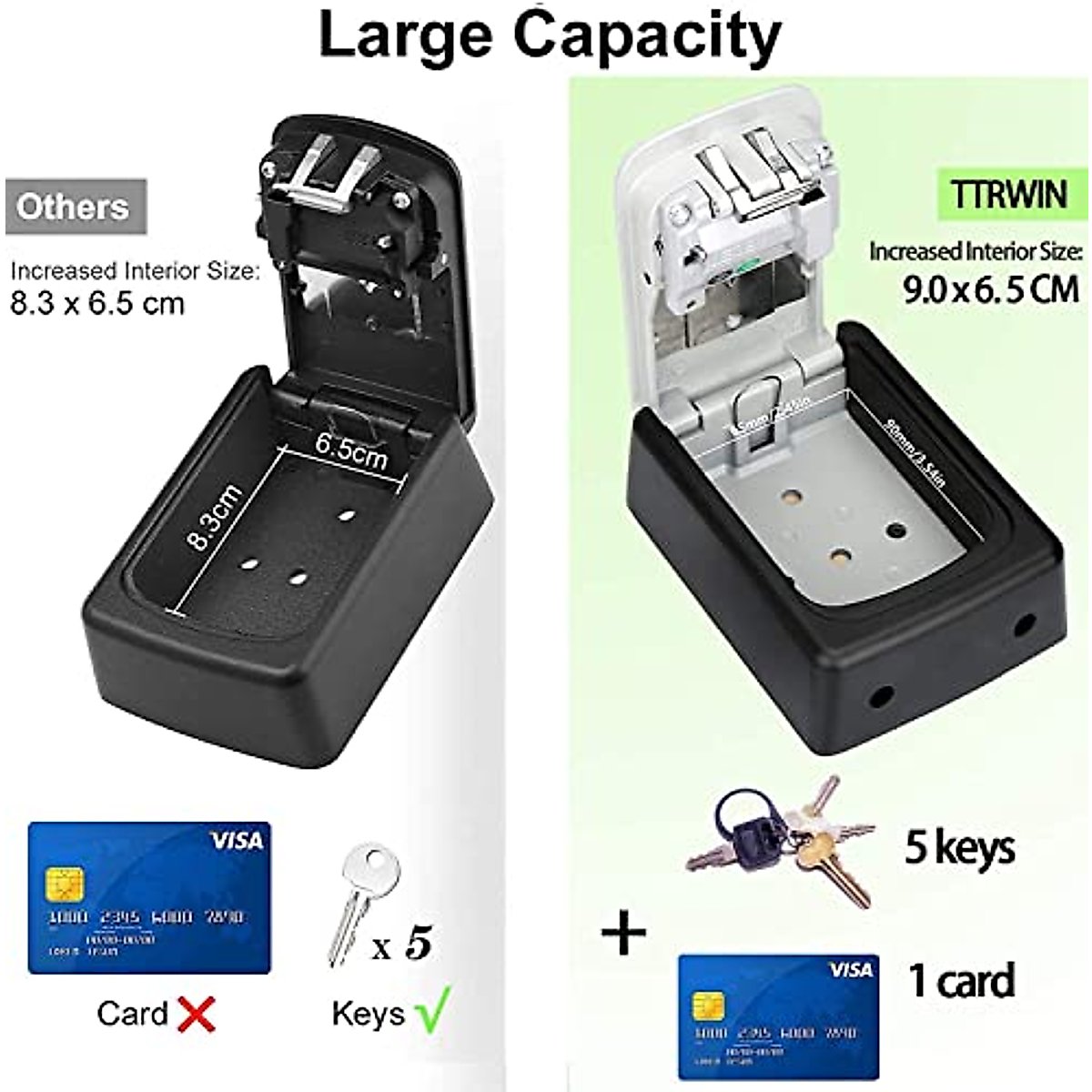 TTRWIN Security Key Lock Box, Resettable 4 Digit Combination Waterproof Lockbox, Key Safe Storage Security Lock Box, 5 Keys Large Capacity Wall Mounted LockBox for House Key, ID Card, Garage Key
