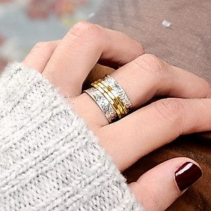 Boho-Magic 925 Sterling Silver Spinner Flowers Ring for Women with 3 Brass Fidget Rings Wide Band (9)