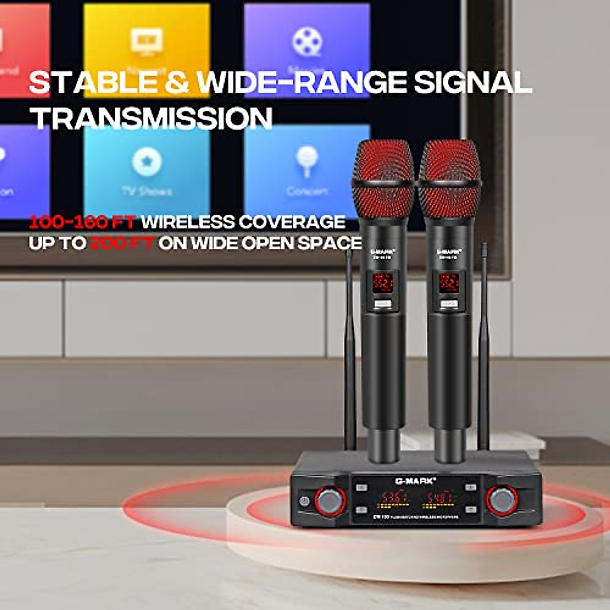 G-MARK Wireless Microphone, Dual Professional UHF Cordless Dynamic Mic Handheld Microphone System for Home Karaoke, Meeting, Party, Church, DJ, Wedding, Home KTV Set, 200ft(EW100)