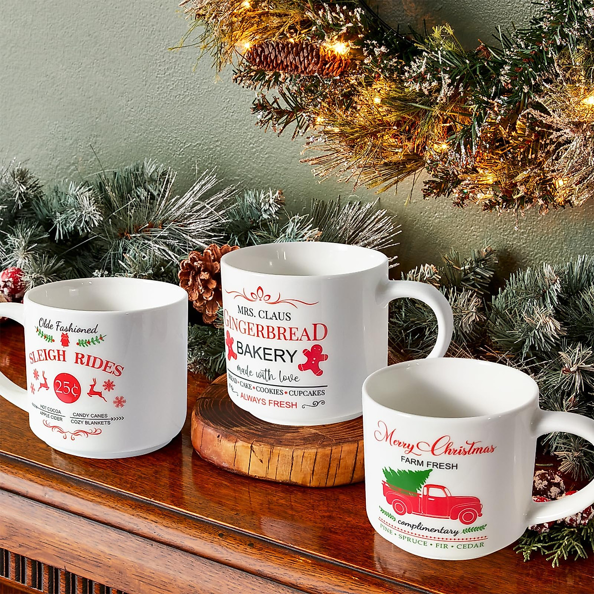 QIKSION Christmas Mug Set of 6, 16oz Hot Cocoa Ceramic Christmas Coffee Mugs, Stackable Holiday Chocolate Mugs as Christmas Gifts for Family, Friends and Colleagues