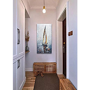 V-inspire Art,24X48 Inch Modern Abstract Hand Painted Oil Paintings Sailing Boat On The Sea Acrylic Canvas Hanging Painting Living Room Bedroom Wall Art Home Decoration