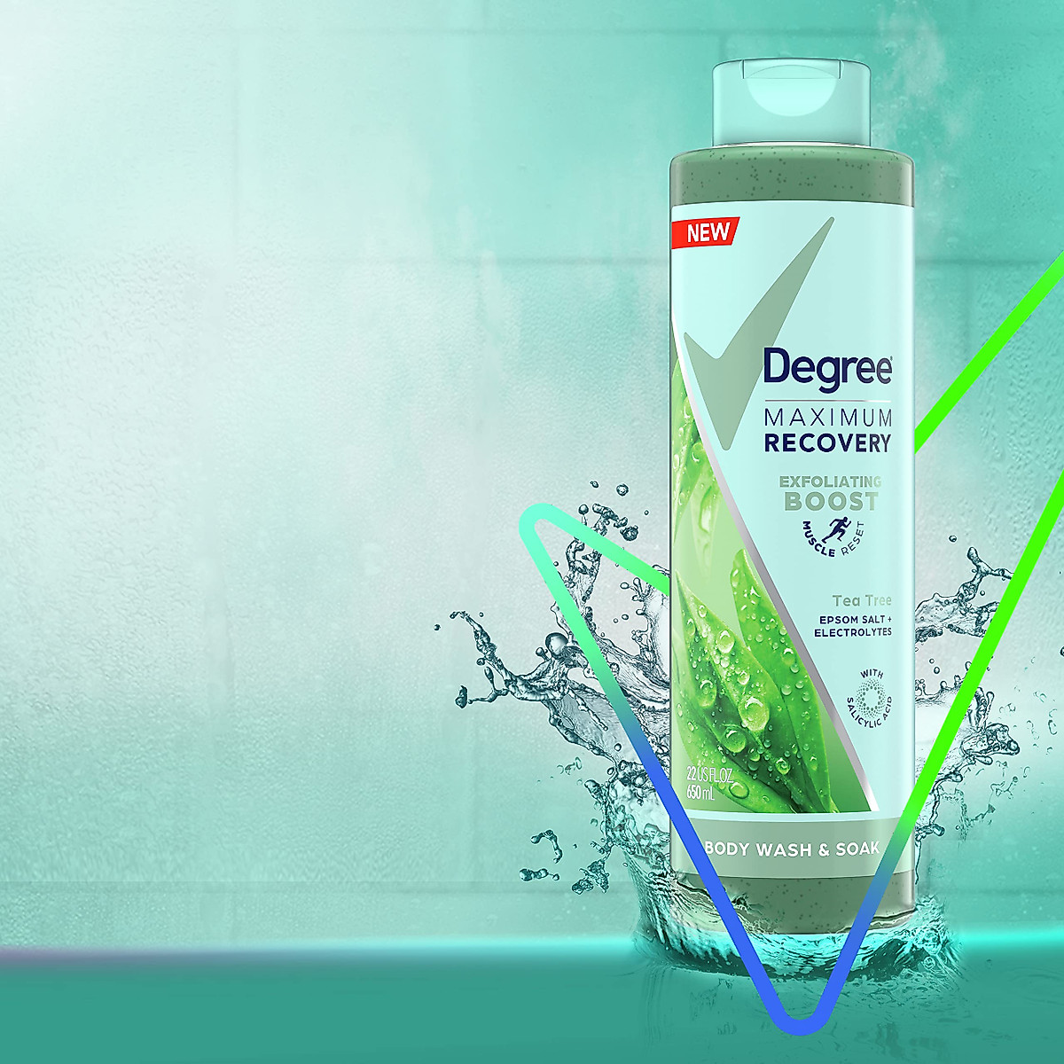 Degree Body Wash and Soak Post-Workout Recovery Skincare Routine Exfoliating Tea Tree + Epsom Salt + Electrolytes Bath and Body Product, 22 Fl Oz (Pack of 4)