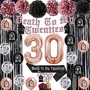 Rip Twenties Birthday Decorations, 30th Birthday Party Supplies for Women Black and Rose Gold, Death to My Twenties Banner Sash Balloons Paper Pom Poms Fringe Curtain