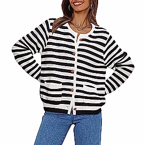 LILLUSORY Women's Cable Knit Cardigan Sweaters 2024 Fall Trendy Open Front Button Up Tweed Blazer Jackets Ladies Chunky Oversized Coat Coatigan Old Money Clothes Cute Outfits Black White L