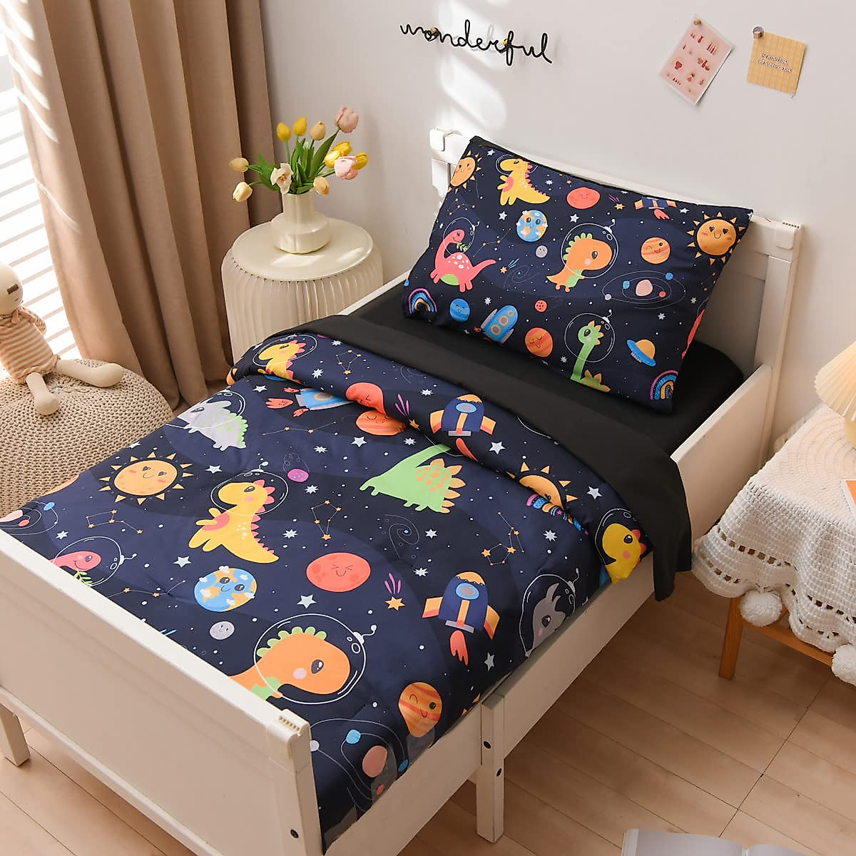 NTBED 4 Pieces Toddler Bedding Set for Baby Girls Boys,Galaxy Space Dinosaur Pattern, Includes Comforter, Flat Sheet, Fitted Sheet and Pillowcase