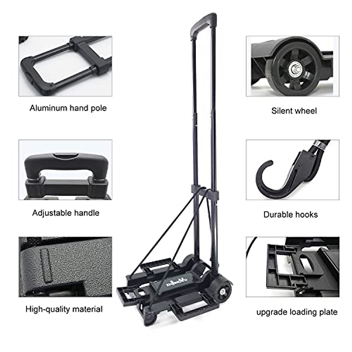 Folding Hand Truck Iron Tube Pull Rod Folding Cart Foldable Trolley with Wheels Utility Lightweight Expandable Large Chassis Foldable into Backpack,Portable Luggage Cart for Airport Travel