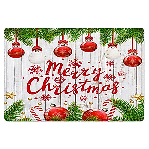 LB Rustic Christmas Bath Mat Red Xmas Ball with Snowflake Area Rug for Bathroom Candy Cane Farmhouse Wood Doormat Non Slip Memory Foam Super Absorbent Floor Mats,24Wx16H Inch