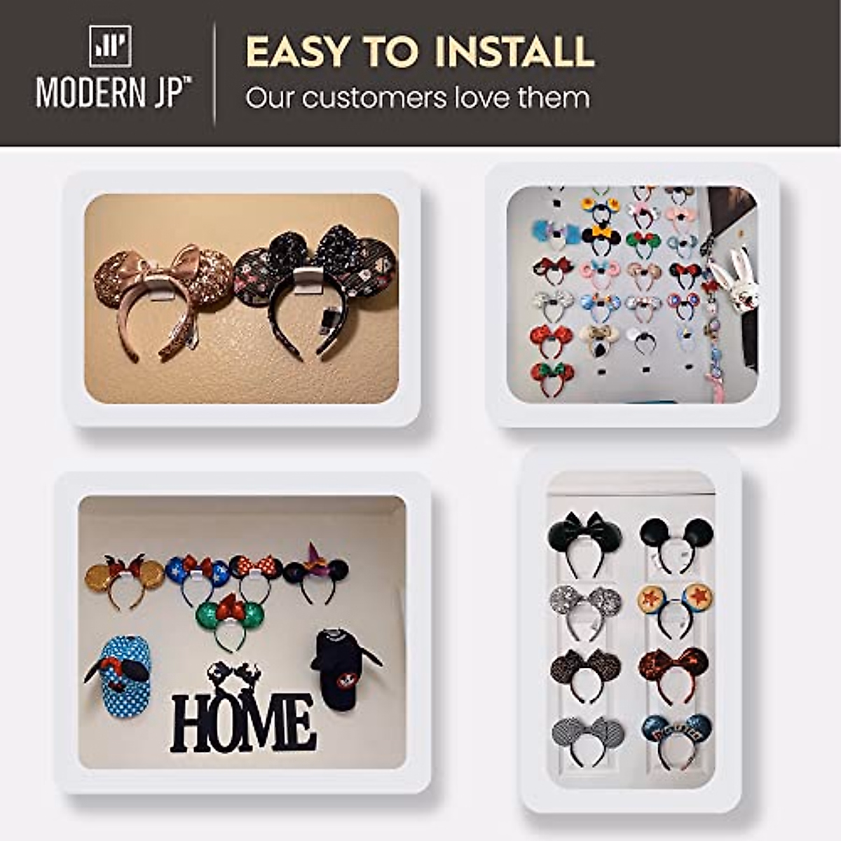 Modern JP Metal Adhesive Hooks for Disney Ears (12-Pack) - Optional Screws Included, Minimalist Disney Ear Holder, Strong Hold Headband Holder - Stainless Steel, Chrome Black