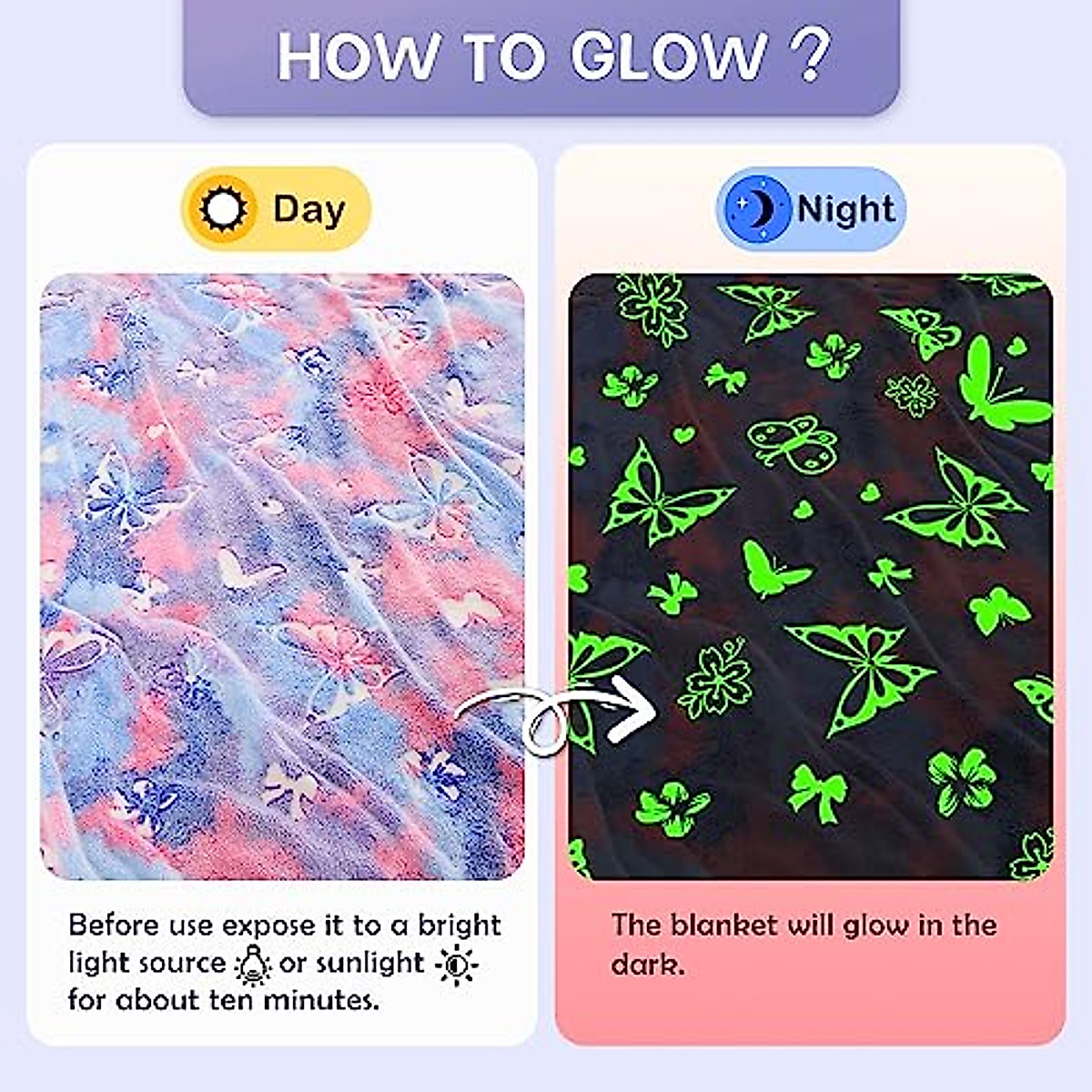 SOCHOW Butterfly Glow in The Dark Blanket for Daughters, Toys for 3-10 Year Old Birthday Presents, Soft Cozy Flannel Throw Blanket for Preteens Teens, Purple 50 x 60 Inches