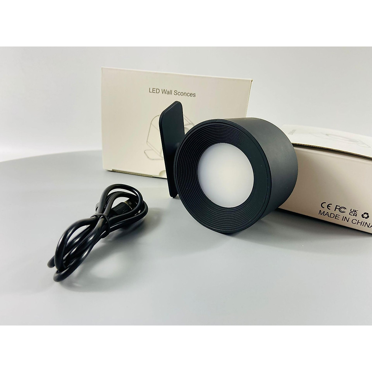 Raiseking LED Rechargeable Wall Sconce, Wall Mounted Lamp with 2000mAh Battery Operated USB Port 360°Rotate Magnetic Ball, Cordless Wall Light for Reading Study Bedside (Black-Touch Control)