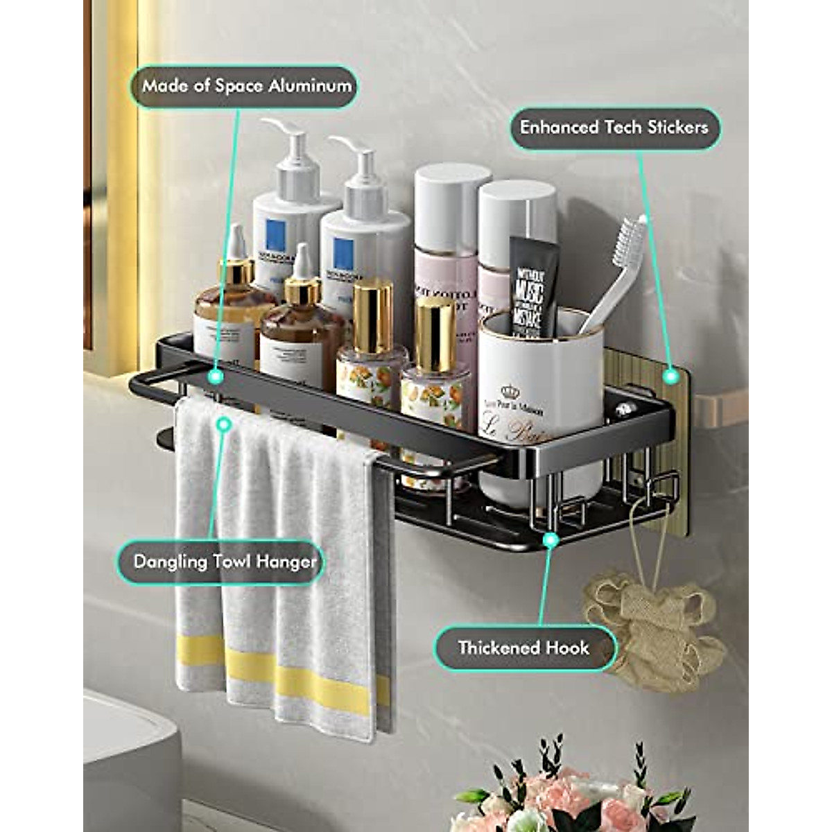 Fegat Shower Caddy, Enhanced Self Adhesive shower Organizer, No Drilling Bathroom Shower Shelf With Towel Rack and 2 Hooks, Space Aluminum With Anticorrosion Process, Black