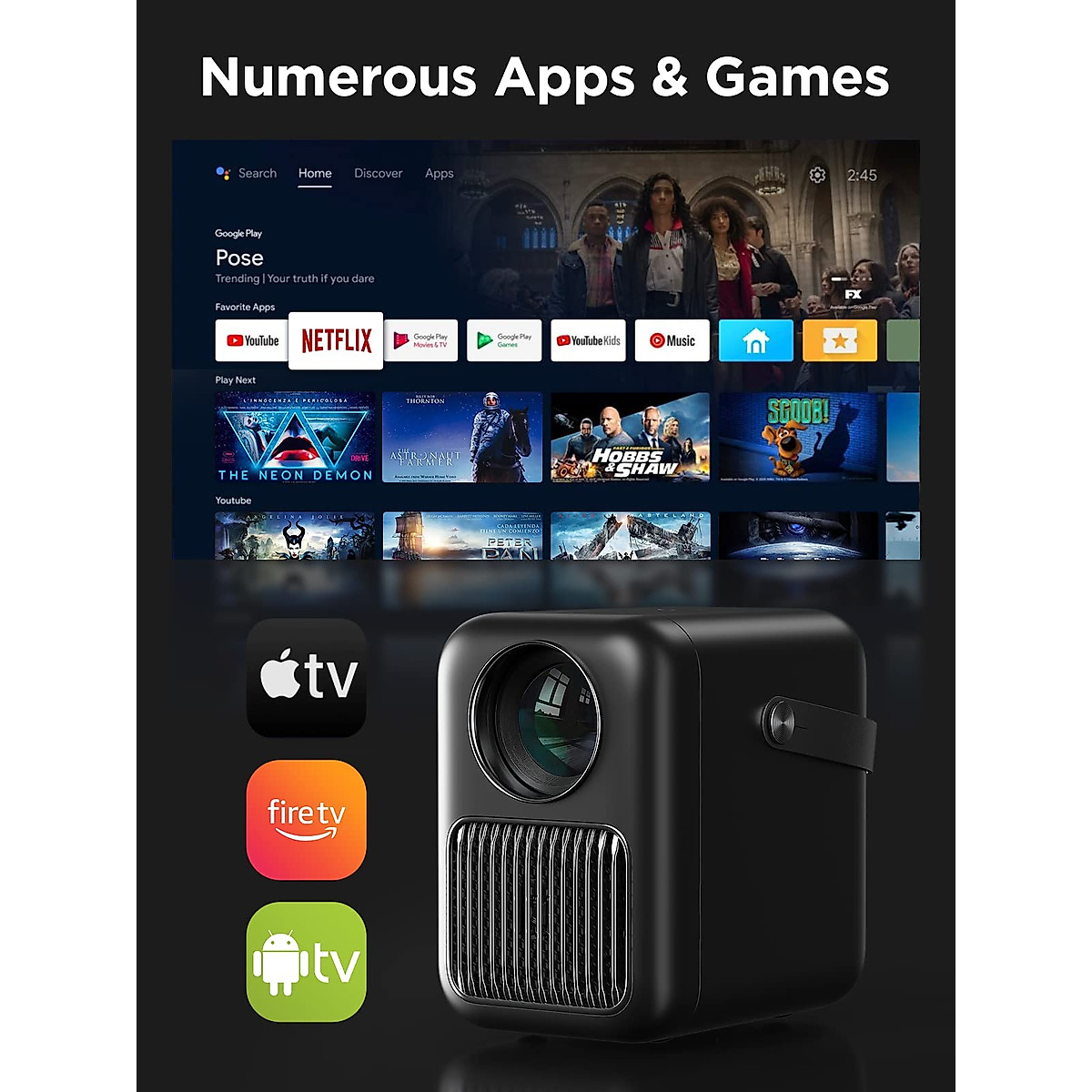 POKITTER Orca Retro 1080P Projector with WiFi and Bluetooth, 650 ANSI Lumens, Android 9.0 with 5000+ Apps, Auto Focus, 4D Keystone Correction, 10W Speakers, 40"-200" Image for Home,HDR10+,T6R MAX