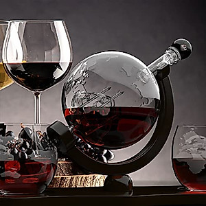 Chef's Star Whiskey Decanter Set for Men- Etched Globe Decanter Set with 2 Etched Globe Glasses, for Whiskey, Bourbon, 2 Globe Etched Glasses and Whiskey Stones, Liquor Gift Set, 850ml (28 oz)