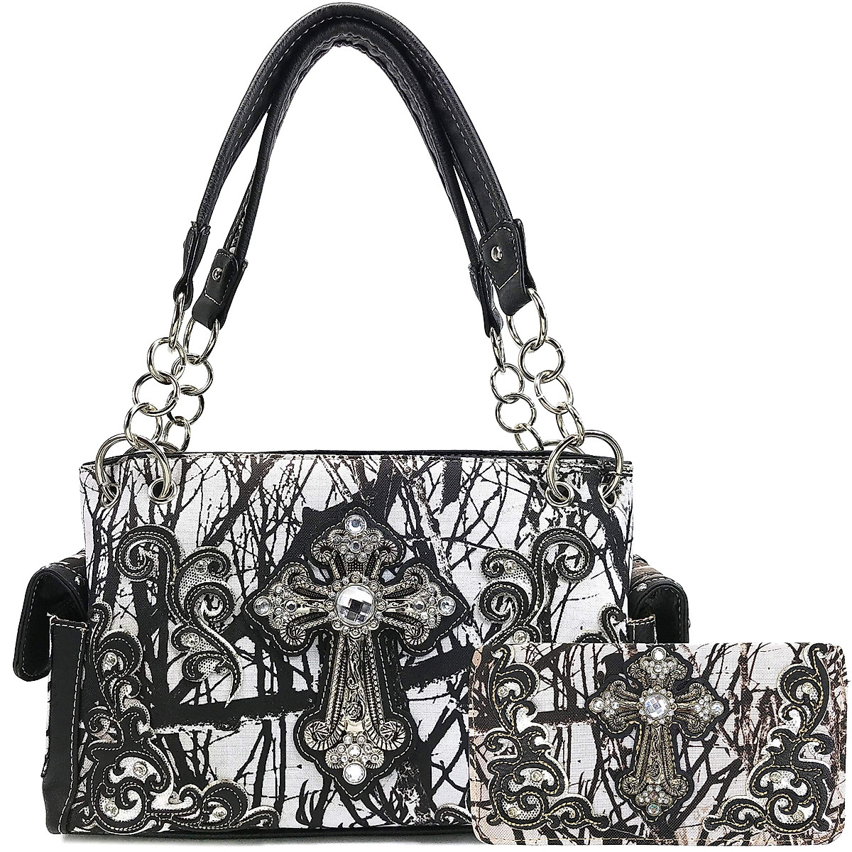 Zelris Camouflage Shine Glow Cross Women Conceal Carry Handbag with Wallet Set (Black)