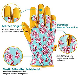 Leather Gardening Gloves for Women, JUMPHIGH Tough Cowhide Working Gloves, Flexible Breathable Spandex, Thorn Proof Garden Gloves for Yard, Gardening Gifts for Gardener (Medium)