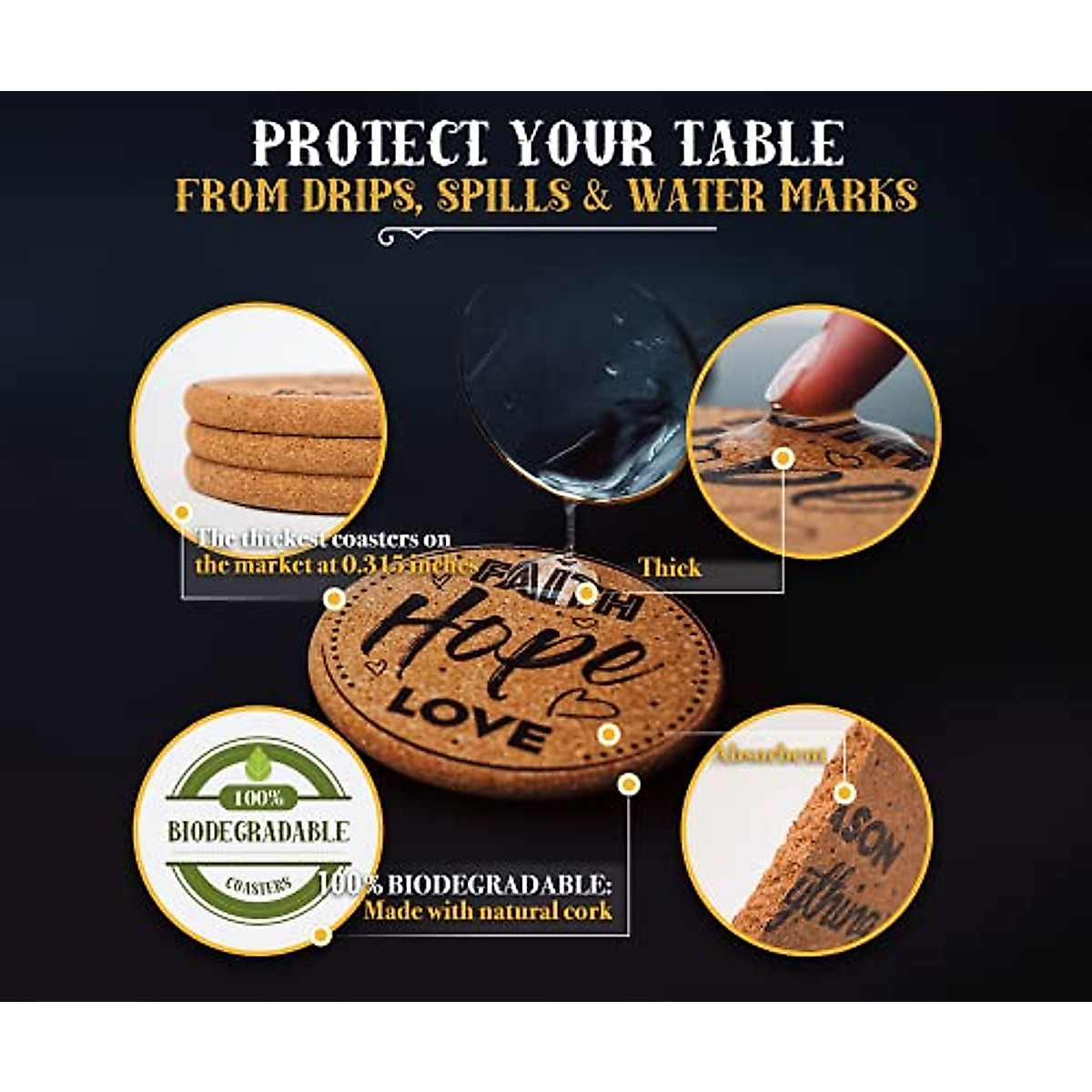 Coasterlux Cork Coasters for Drinks Absorbent with Holder - Cute & Funny Set of 8 Large Round Outdoor Cup Coasters for Wooden Table Protection, Coffee Trivet, Cups and Mugs - Cool Drink Coaster Gift