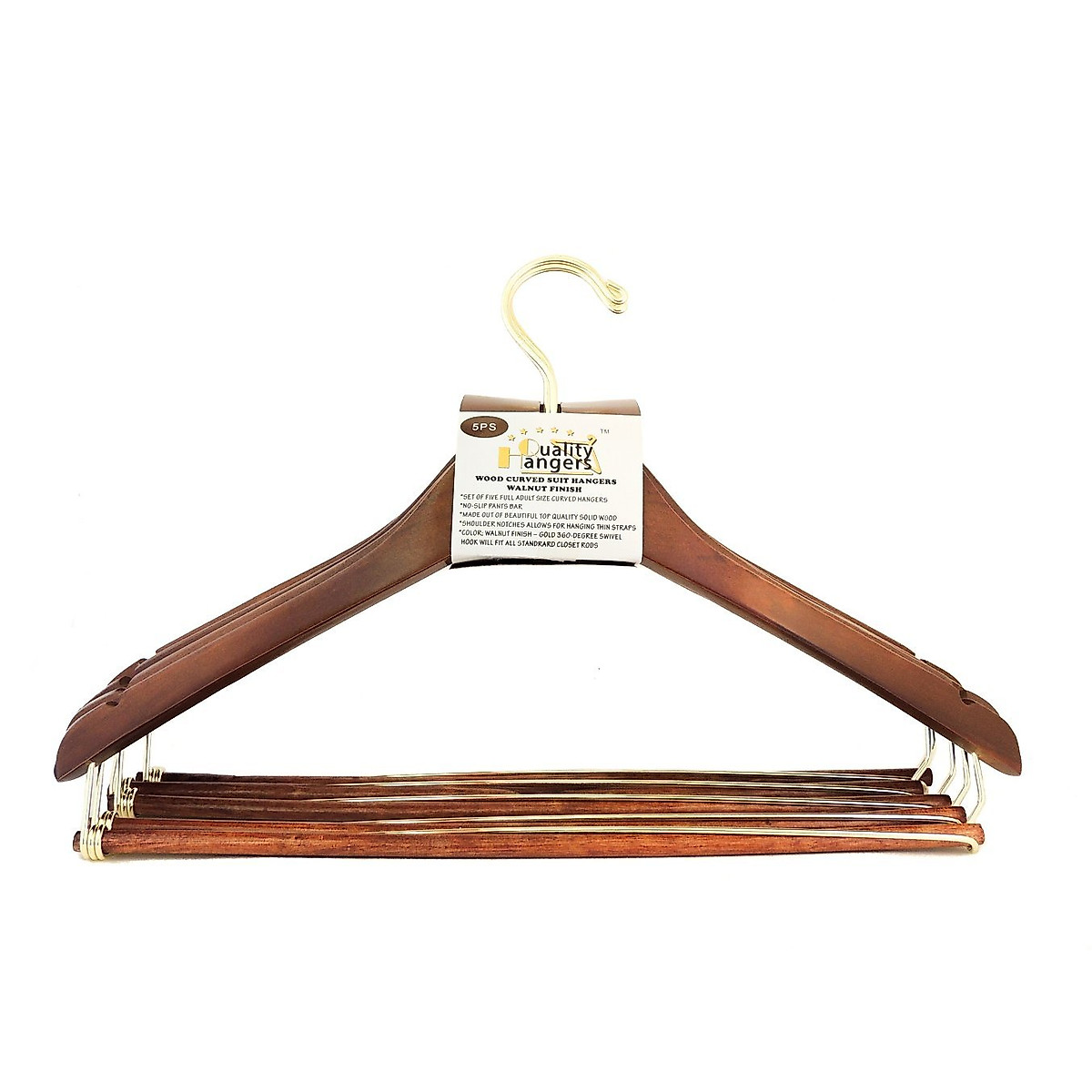 Quality Hangers Wooden Hangers Beautiful Sturdy Suit Curved Hangers Great for Travelers Heavy Duty Coat Hanger with Locking Bar Gold Hooks (5 Pack)