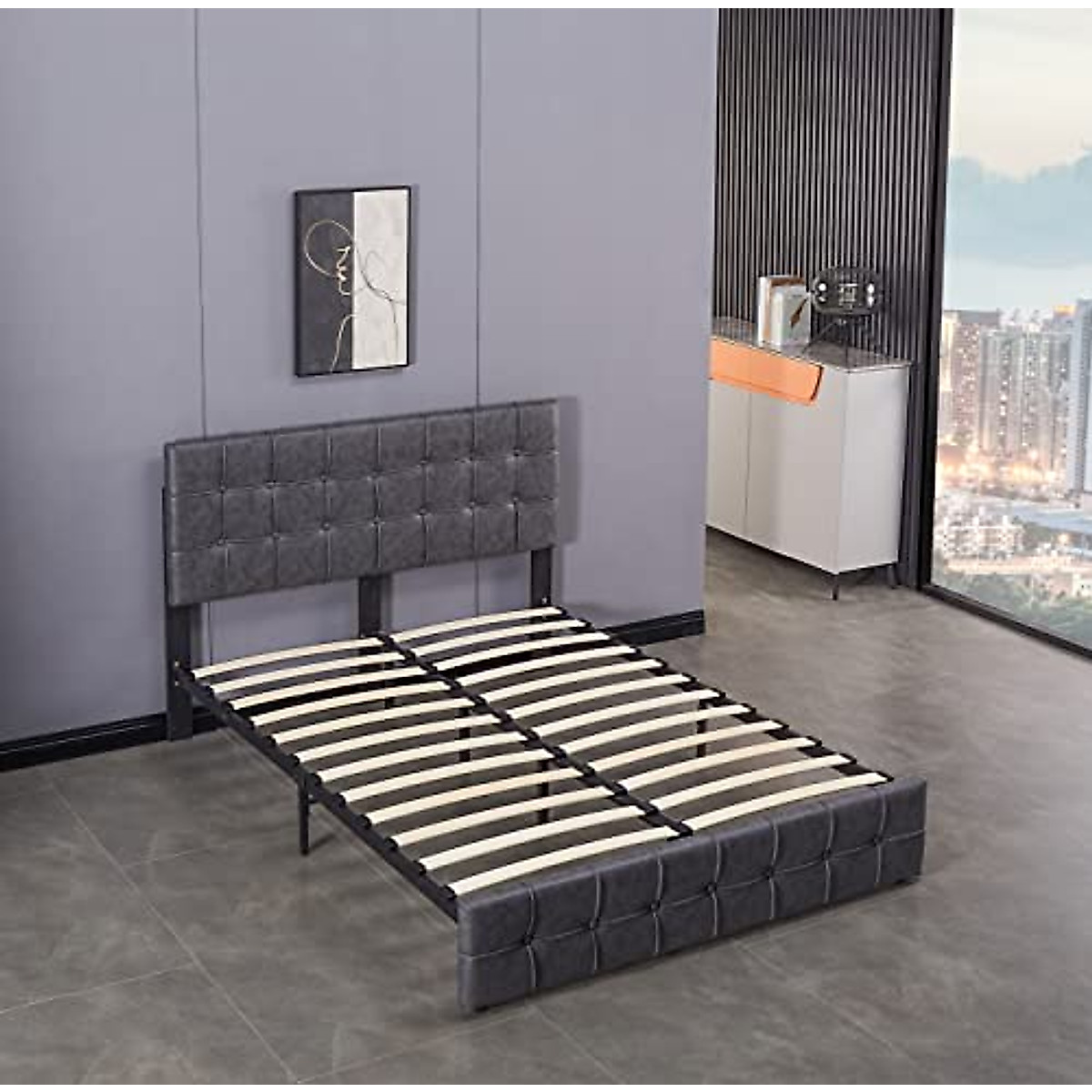 Full/King/Queen Size,Upholstered Platform Bed Frame with Adjustable Headboard,Square Stitched Button Mattress Foundation w/Wood Slats,No Box Spring Needed (Dark Grey, Queen (U.S. Standard))