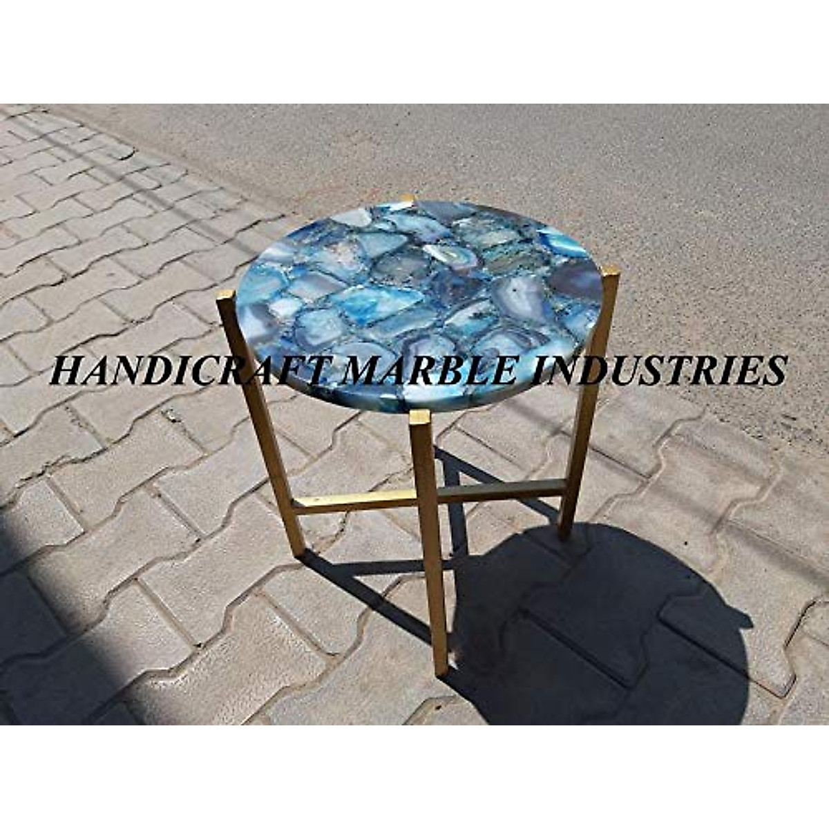 Blue Agate Round Table Top 18" x 18" Inch With Metal Stand, Blue Agate Side Table And Stand, Customized Blue Agate Table, Agate Stone Round Table, Family Heir Loom, Piece Of Conversation