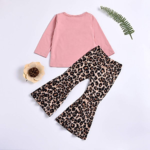 Toddler Baby Girls Letter Outfits Set Long Sleeve Tops + Leopard Bell Bottom Pants Autumn Clothes (Pink, 18-24 Months)
