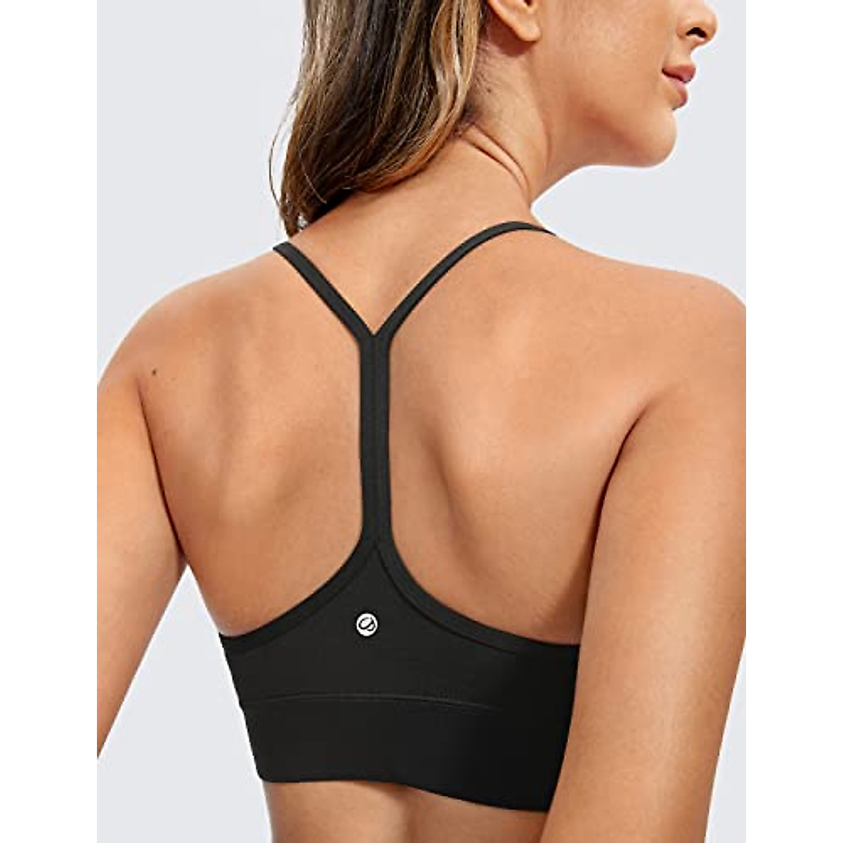 CRZ YOGA Butterluxe Womens Y-Back Racerback Sports Bra - Spaghetti Straps Wireless Scoop Neck Athletic Padded Yoga Bra Black Medium