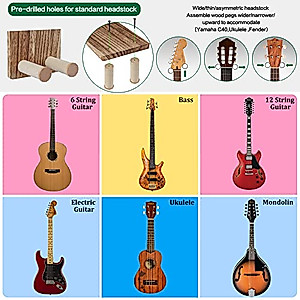 Keebofly Guitar Wall Mount,2 Pack Guitar Wall Hangers Holder Guitar Hangers Shelf with Pick Holder Wood Guitar Rack for Acoustic or Electric Guitar,Ukulele,Bass,Mandolin Brown,[Patented]