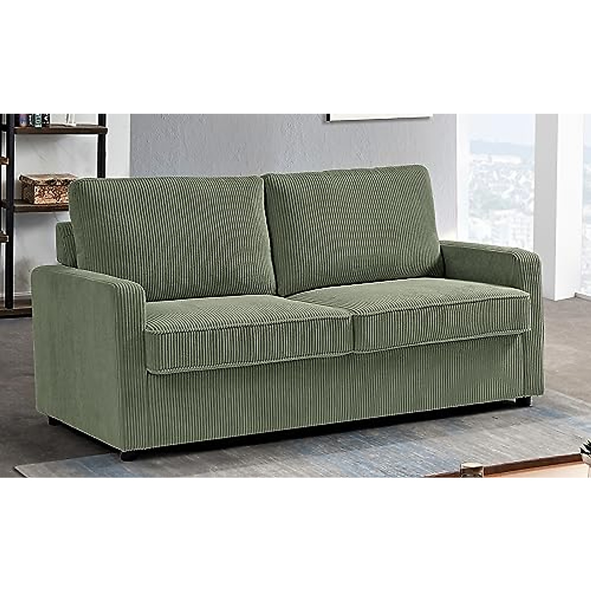 Container Furniture Direct Reversible Sleeper Sofa with Memory Foam Mattress, Comfortable and Durable Queen Size Bed Couch for Living Rooms, Upholstered with Corduroy Fabric, 70" Wide, Dark Green
