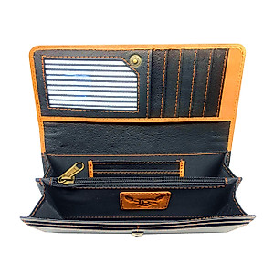 Leather Book® LW-1802 TAJ Leopard Ladies Wallet|11 card slots|1 card window|4 slide pockets|1 zip compartment pocket| 1 back silver metal zip pocket | Black, Tan Cowhide & Jersey leopard Print Leather