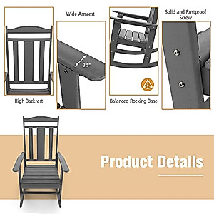 Giantex Patio Rocking Chair - All-Weather HDPE Porch Rocker Chair W/Slatted High Back, Outdoor & Indoor Rocker for Garden, Poolside, Courtyard, 330 lbs Load Capacity (1, Grey)