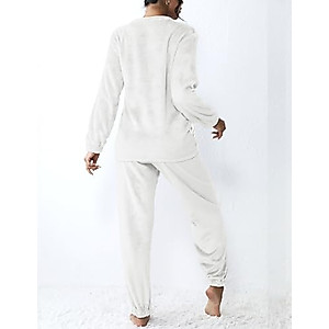 Ekouaer Women Fleece Pajama Sets Long Sleeve Tops and Pants PJ Sets Joggers Plush Loungewear Sleepwear White Large