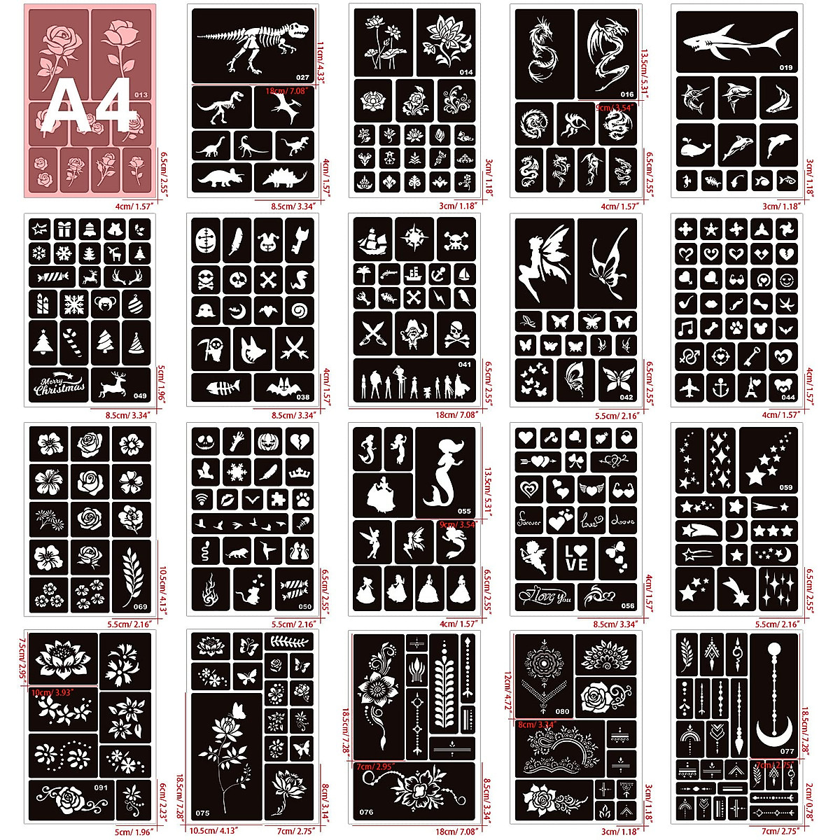 Sixberry 20 Sheets Temporary Tattoos Stencils for Kids, Glitter Henna Face Body Paint Stencil Kit, Girls Flowers Mermaid Boys Dragon Airbrush Art Tattoo for Birthday Halloween Christmas Party Favors