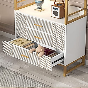 Tribesigns Gold White Bookshelf with 3 Drawers, Tall Ladder Shelf Bookcase with Storage, Modern Bookcases and Book Shelves 4 Shelf Organizer, Metal Wood Book Shelving Unit for Bedroom, Office