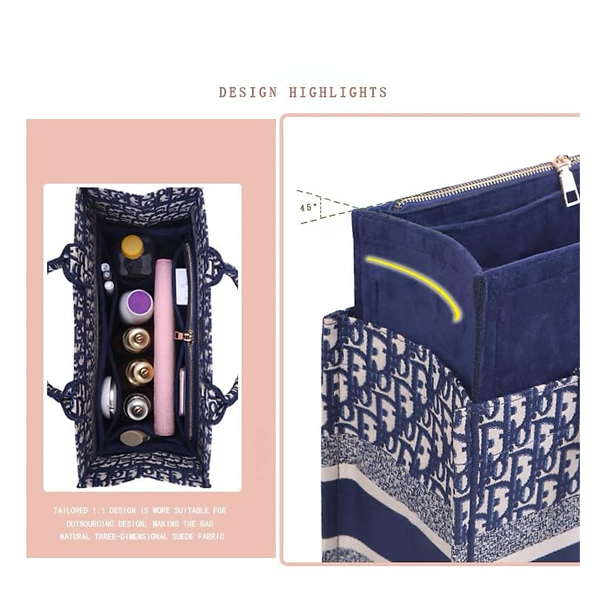 SMART DK Purse Insert Organizer for dior book tote Large Bag Insert Premium Purse Felt Insert Multiple Pockets (Blue, Large)