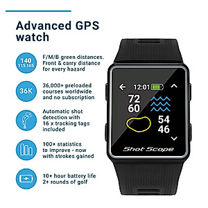 Shot Scope V3 GPS Golf Watch - Automatic Shot Tracking - F/M/B + Hazard Distances - Strokes Gained - iOS and Android Apps - 100+ Statistics, 36,000+ Pre-Loaded Worldwide Courses - No Subscriptions
