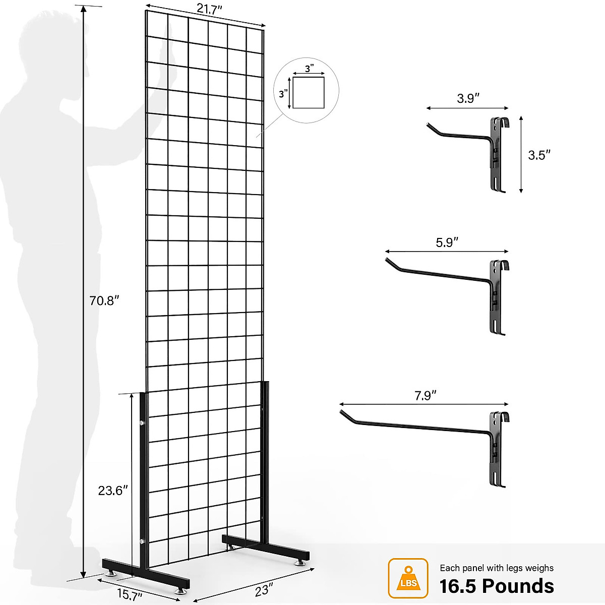 Bonnlo 6' x 2' Wire Grid Panel Tower with T-Base Floorstanding, Thicker 5mm Wire, 180 LBS Weight Capacity Grid Wall Display Rack with Hooks 4", 6" and 8", 2-Pack Black