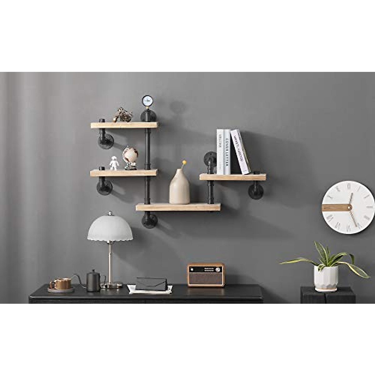 WAKI HOME Industrial Floating Pipe Wall Mounted Shelves Rustic Modern Wood Shelving Bookcase 4 Layer Ladder Steampunk Hanging Bookshelf for Home Bathroom Office Decor (4-Tier Ladder Shelves)