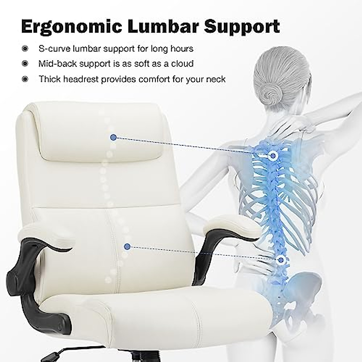 Office Chair - Ergonomic Executive Computer Desk Chair with Flip-up Armrest, Mid Back PU Leather 360° Swivel Task Chair with Lumbar Support and Wheels, Metal Base
