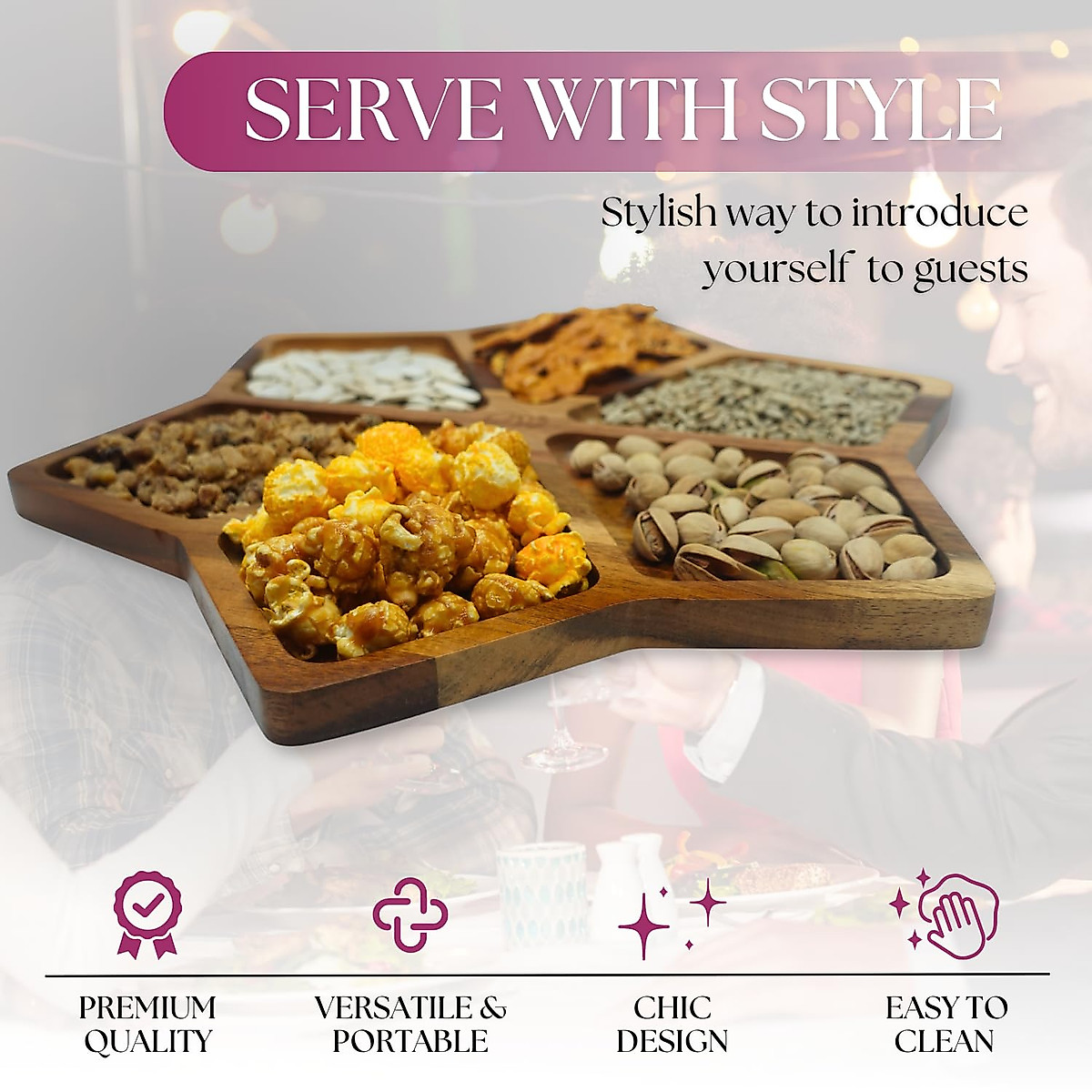 Koko Acacia Wood Serving Platter – Carved Wood Serving Tray – Rustic Platters for Serving Food, Cheese, Desserts - Wood Divided Tray - Fruit Tray, Veggie Tray, Snack Tray, Thanksgiving (14 x 10)