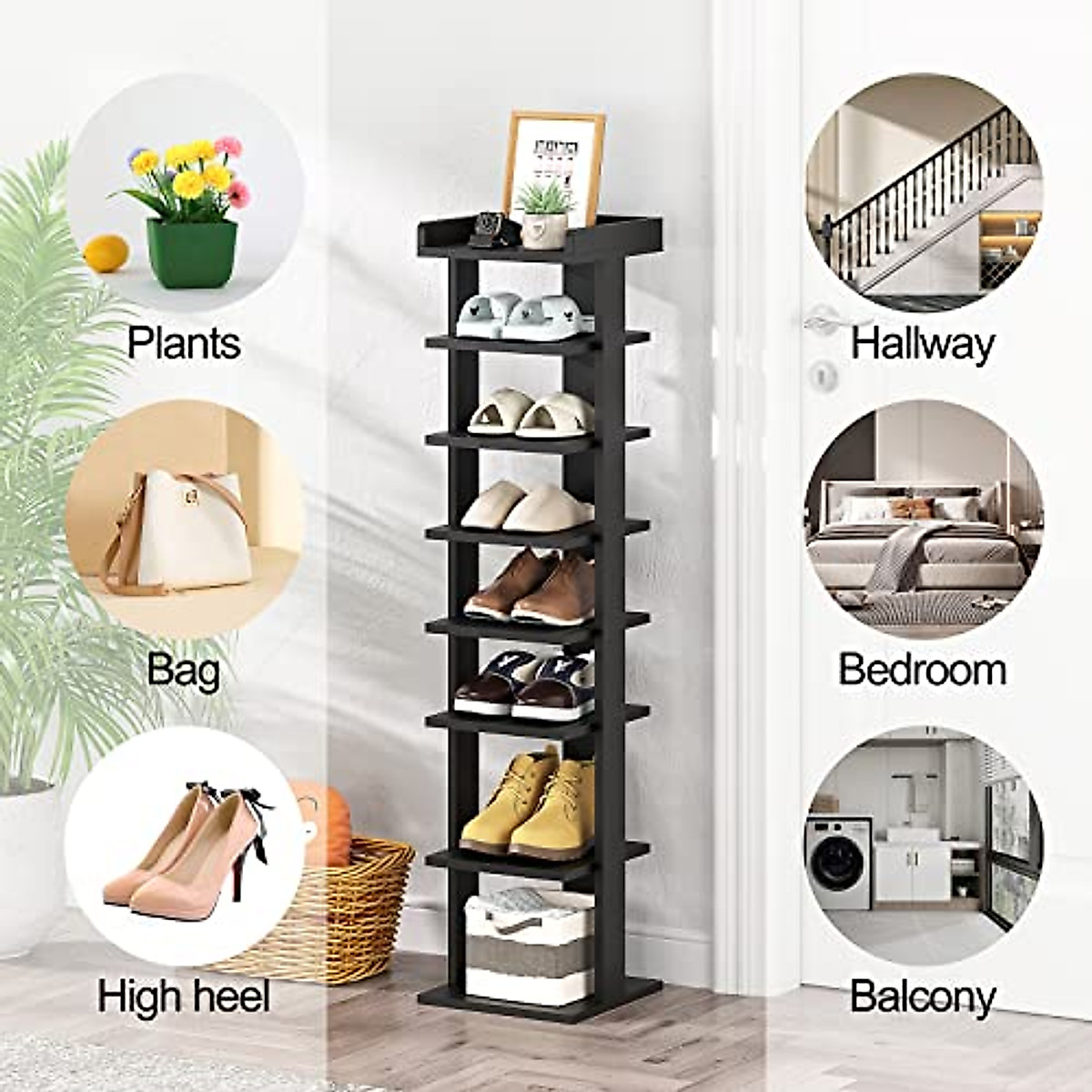 JEROAL Wooden Shoes Rack, 7 Tiers Entryway Vertical Narrow Tall Shoe Rack for Small Spaces, Stylish Shoe Tower Storage Organizer for Front Door Entryway Hallway Closet Bedroom