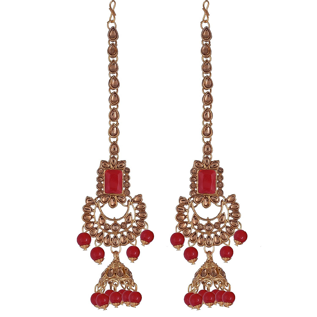 Steorra jewels Traditional Wedding Indian Bollywood Bridal Jewelry Set | Red Long Choker | Necklace, Earrings, Maang Tikka, Nath Paasa & Hath Phool in Faux Kundan Beads