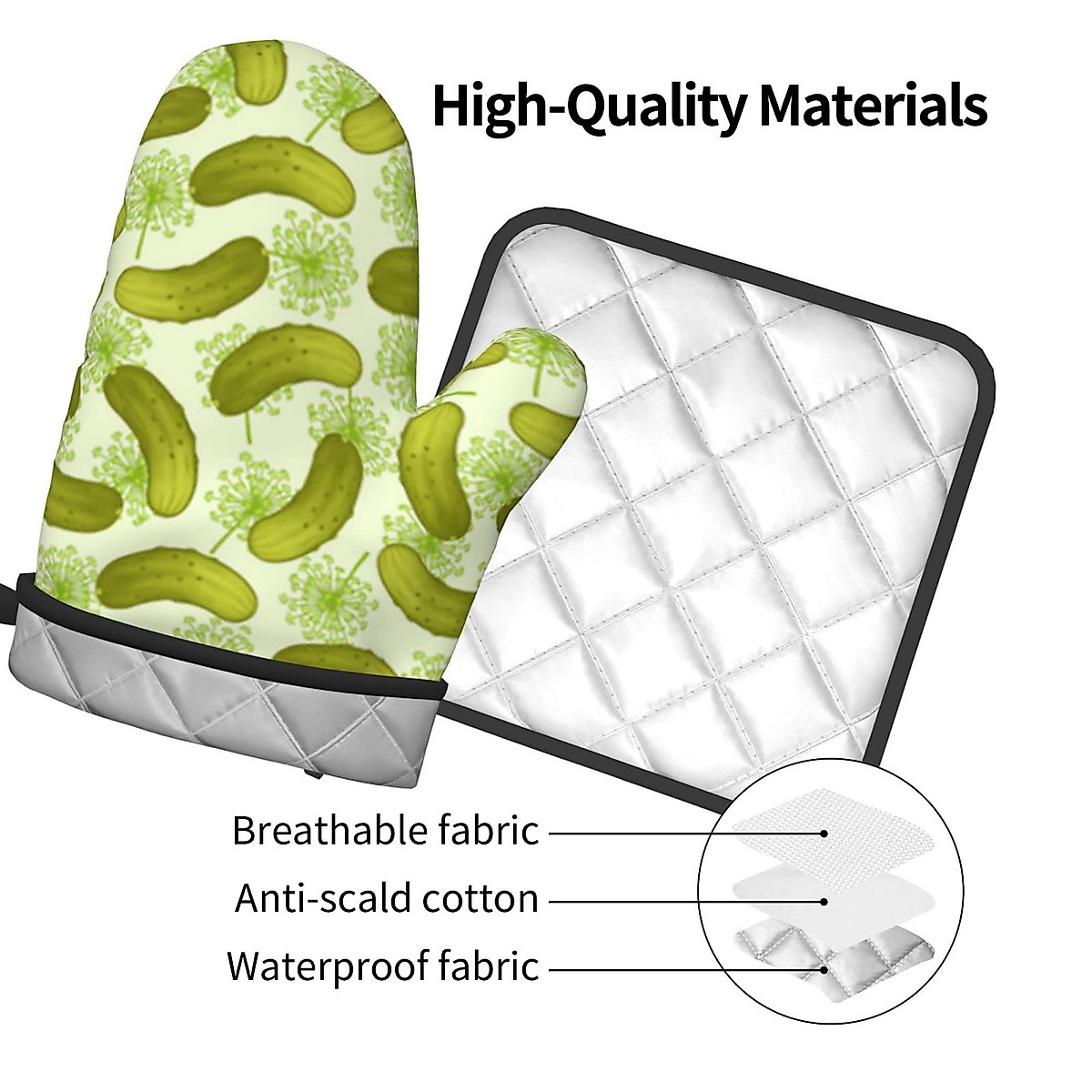 Pickle Fabric Oven Mitts & Pot Holders Sets Potholders with Hanging Loop Non-Slip Kitchen Cooking Gloves for BBQ Baking Grilling