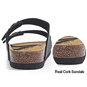 FITORY Mens Sandals, Arch Support Slides with Adjustable Buckle Straps and Cork Footbed Black Size 8