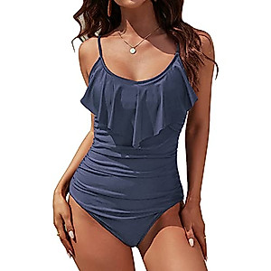 Blooming Jelly Womens One Piece Bathing Suit Tummy Control Swimwear Ruffled Vintage Swimsuits (X-Large, Dusty Blue)