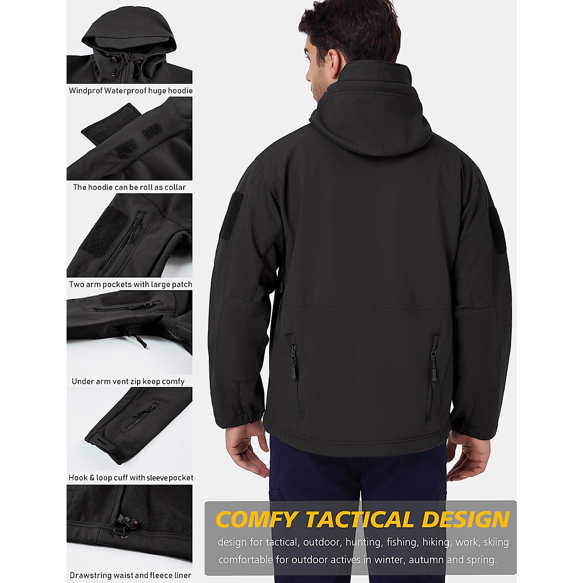 ReFire Gear Men's Army Special Ops Military Tactical Jacket Softshell Fleece Hooded Outdoor Coat, Black, US Large which is equal to Asian XL