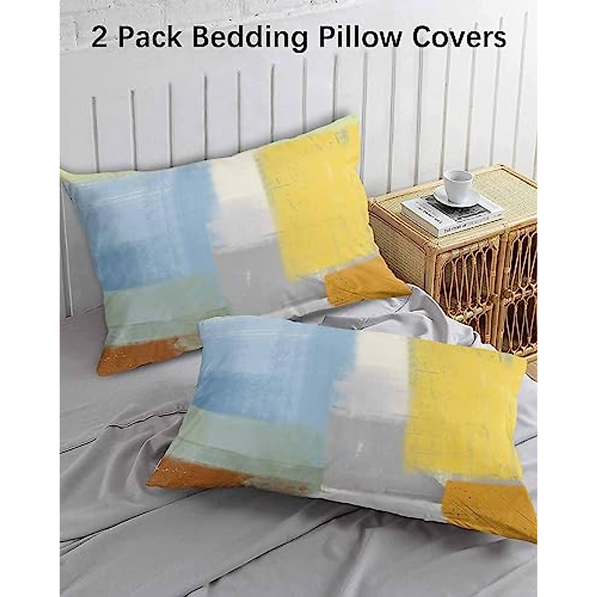 Edwiinsa Blue Yellow Pillow Covers King Standard Set of 2 20x36 Bed Pillow, Orange Oil Painting Modern Abstract Geometric Plush Soft Comfort for Hair/Skin Cooling Pillowcases with Envelop Closure