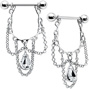 Body Candy Stainless Steel Clear Teardrop Chain Dangle Nipple Ring Set of 2 14 Gauge 5/8"