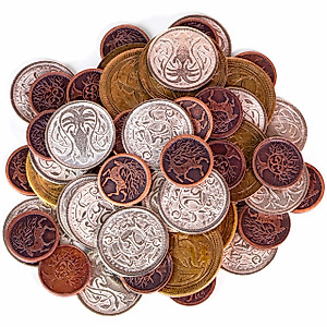 The Dragon's Hoard: 60 Real Metal Fantasy Coins with Leather Pouch | Board Game Accessory for Tabletop RPG Role-Play Strategy Games | Bronze, Silver, and Gold Colored Coins